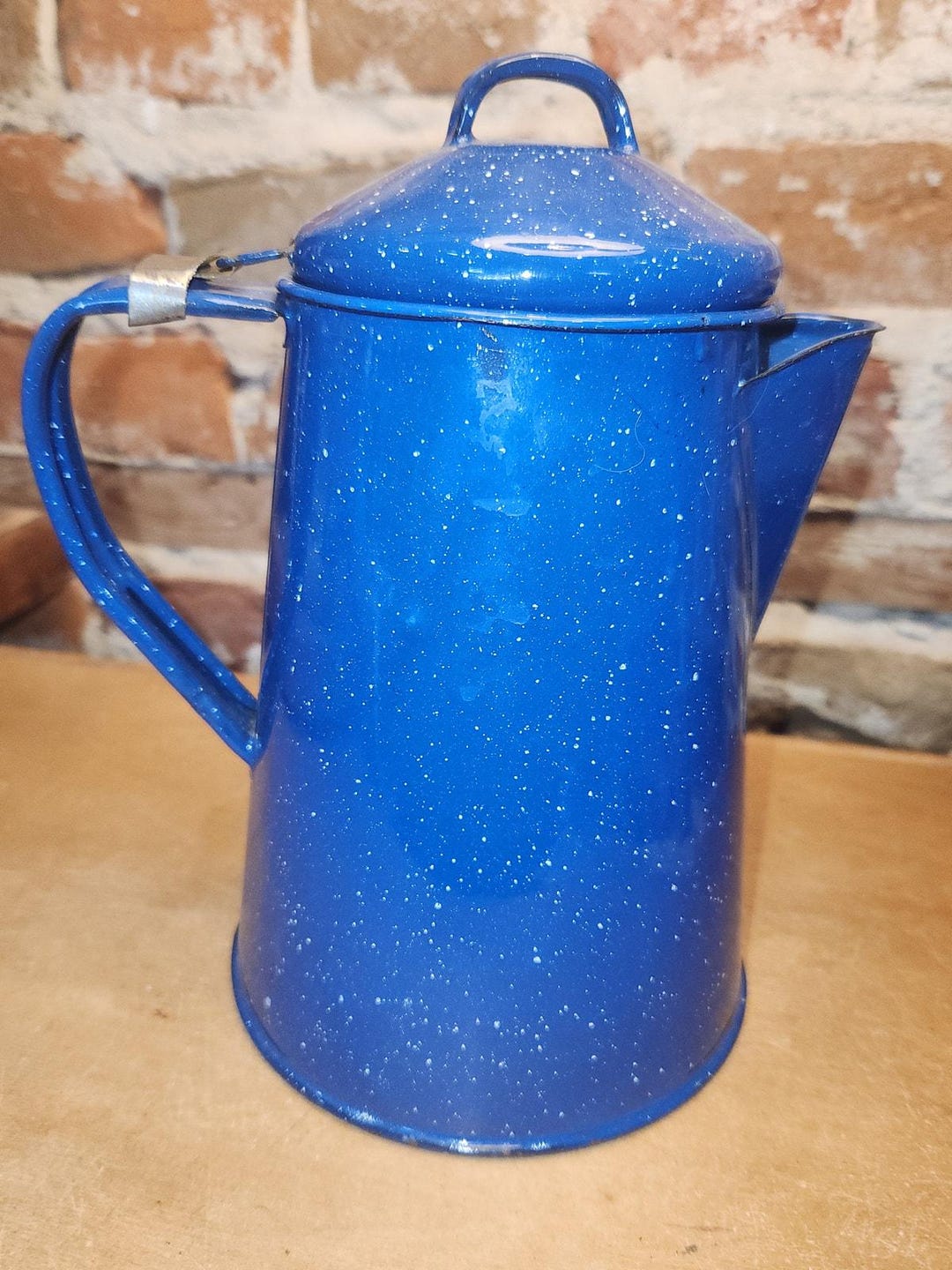Vintage Enamelware Graniteware Coffee Pot With Lid Blue White Specks ...