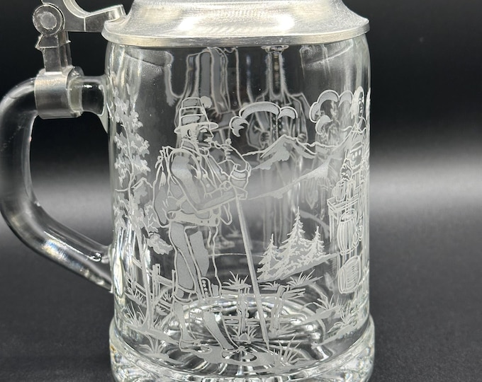ALWE Pewter Lid Beer Stein Etched Glass Hiker and Brewery Scene ...