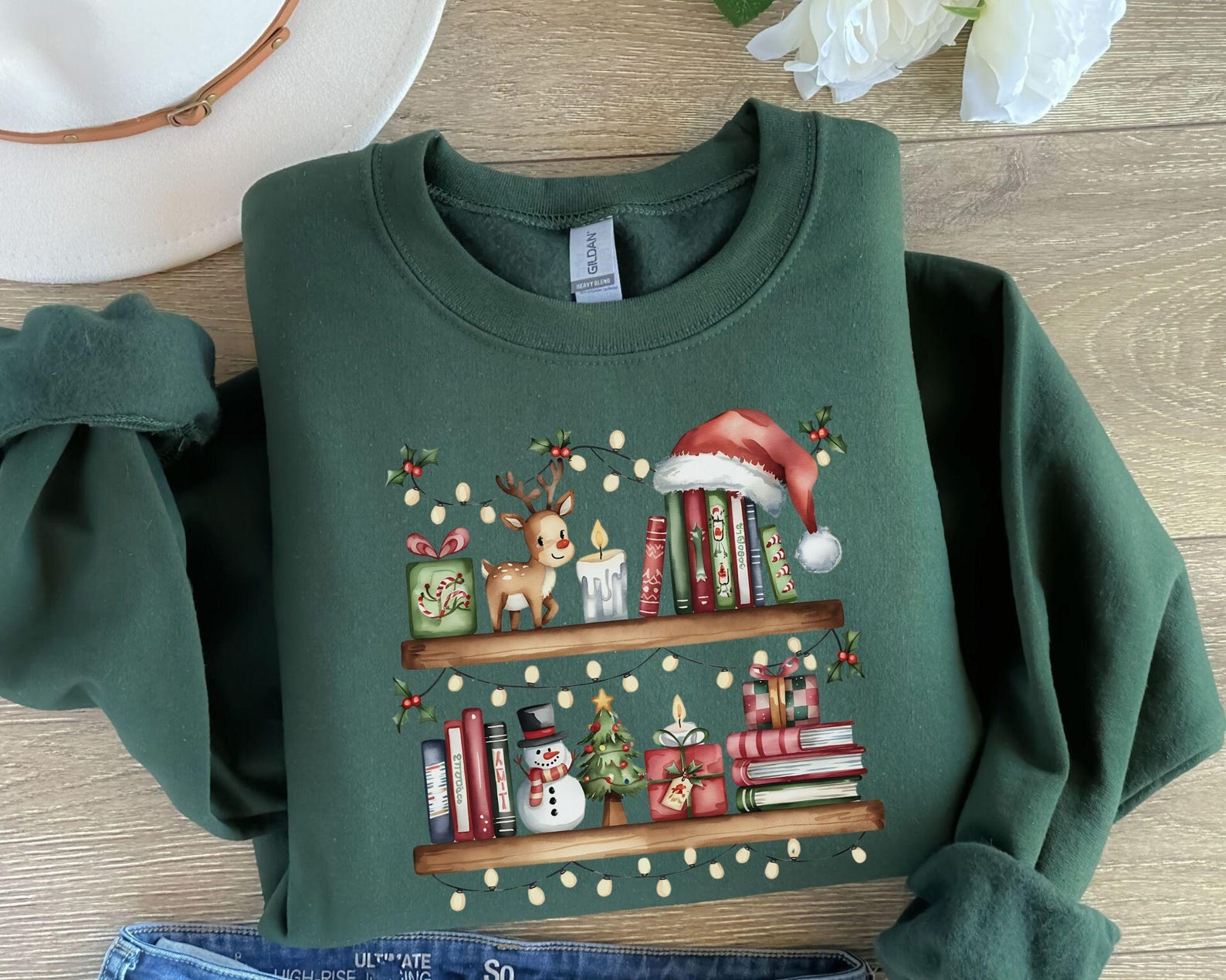Christmas Bookshelf Sweatshirt Book Lover Bookish Christmas Crewneck ...