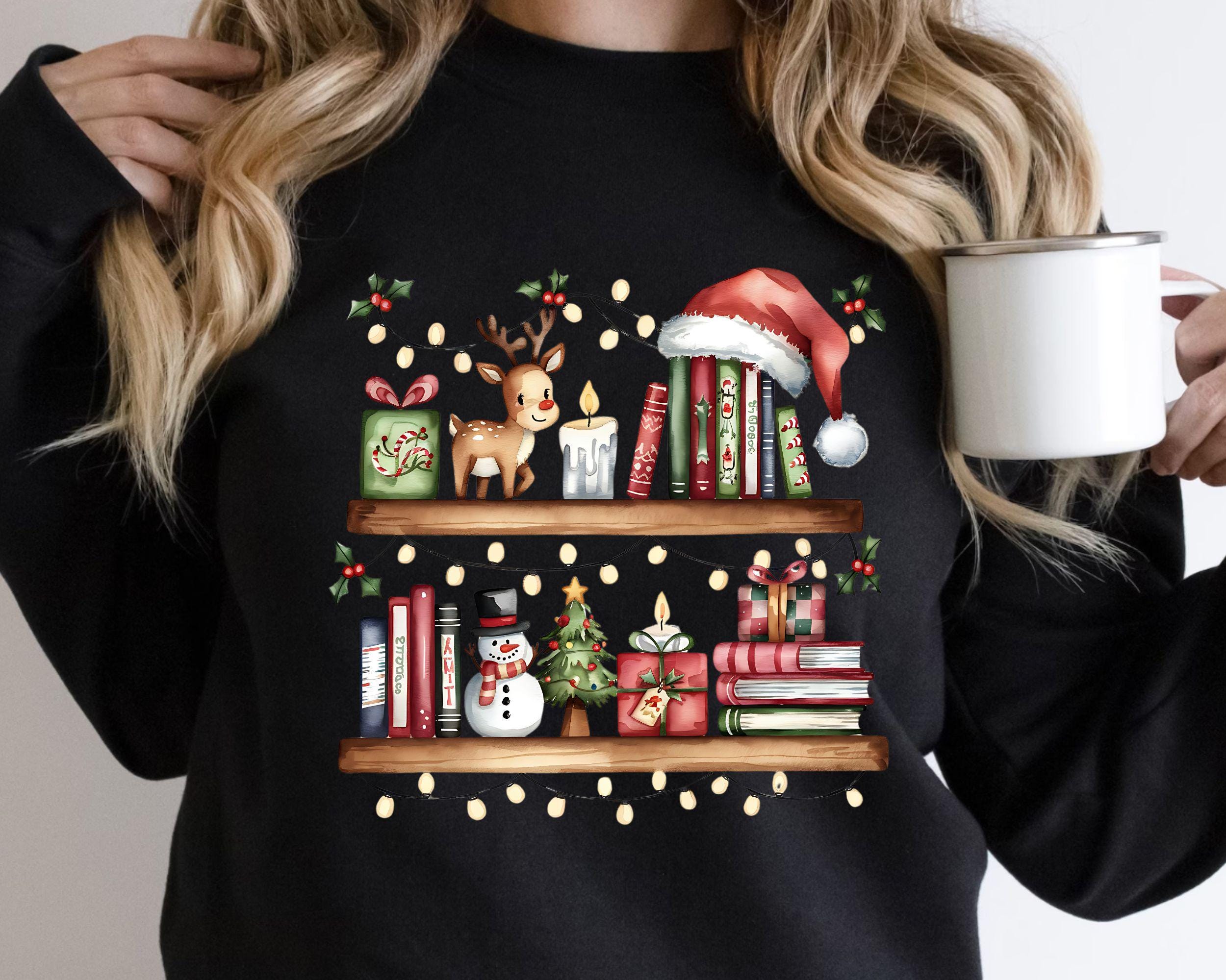 Christmas Bookshelf Sweatshirt Book Lover Bookish Christmas Crewneck ...