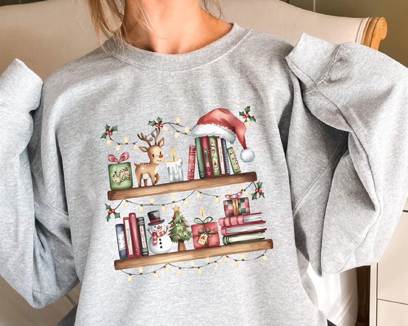 Christmas Bookshelf Sweatshirt Book Lover Bookish Christmas Crewneck ...