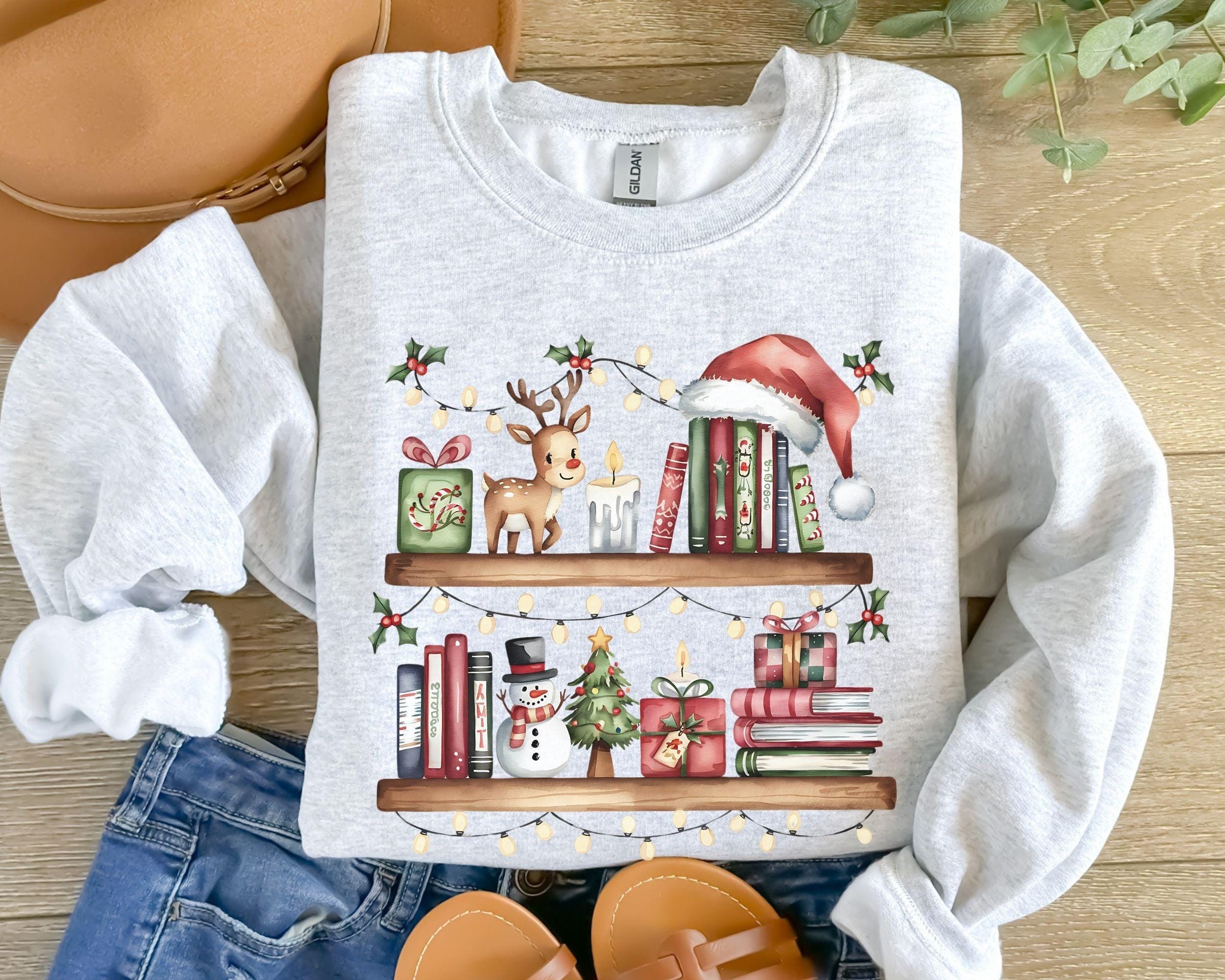 Christmas Bookshelf Sweatshirt Book Lover Bookish Christmas Crewneck ...