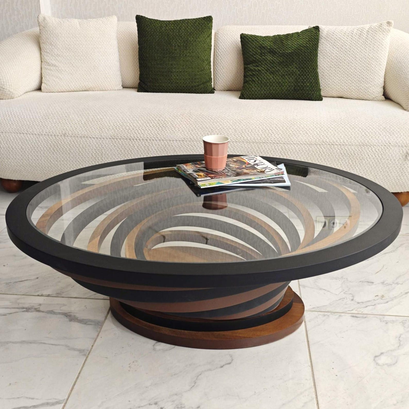 Walnut & Black Oval Coffee Table: Glass Top, Elegant Natural Handmade ...