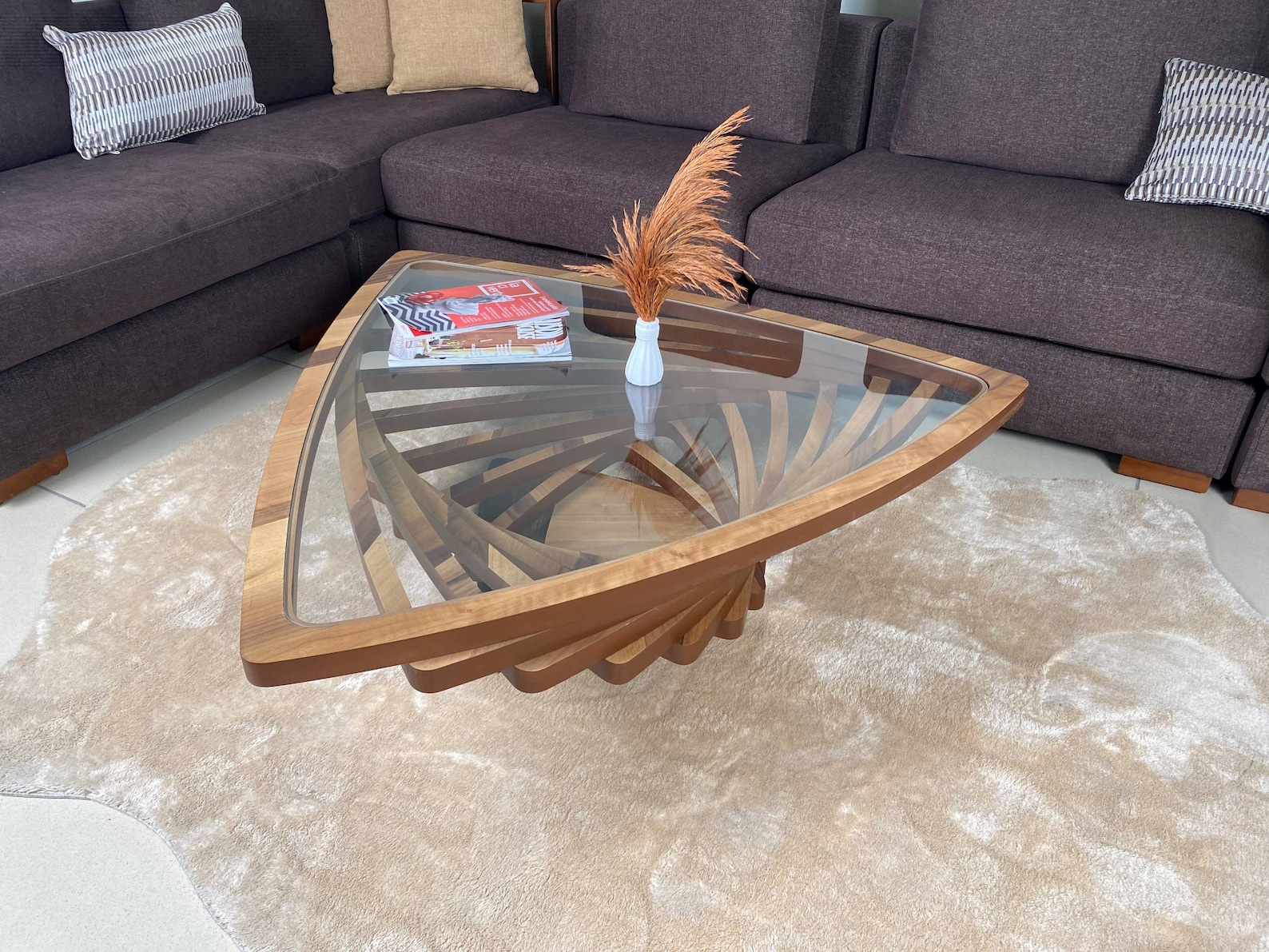 Pyramid Walnut Coffee Table: Modern Triangular Glass Top Table - Etsy