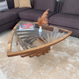 Natural Walnut Coffee Table: Modern Triangular Wood Table With Glass ...