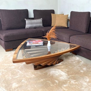 Natural Walnut Coffee Table: Modern Triangular Wood Table With Glass ...