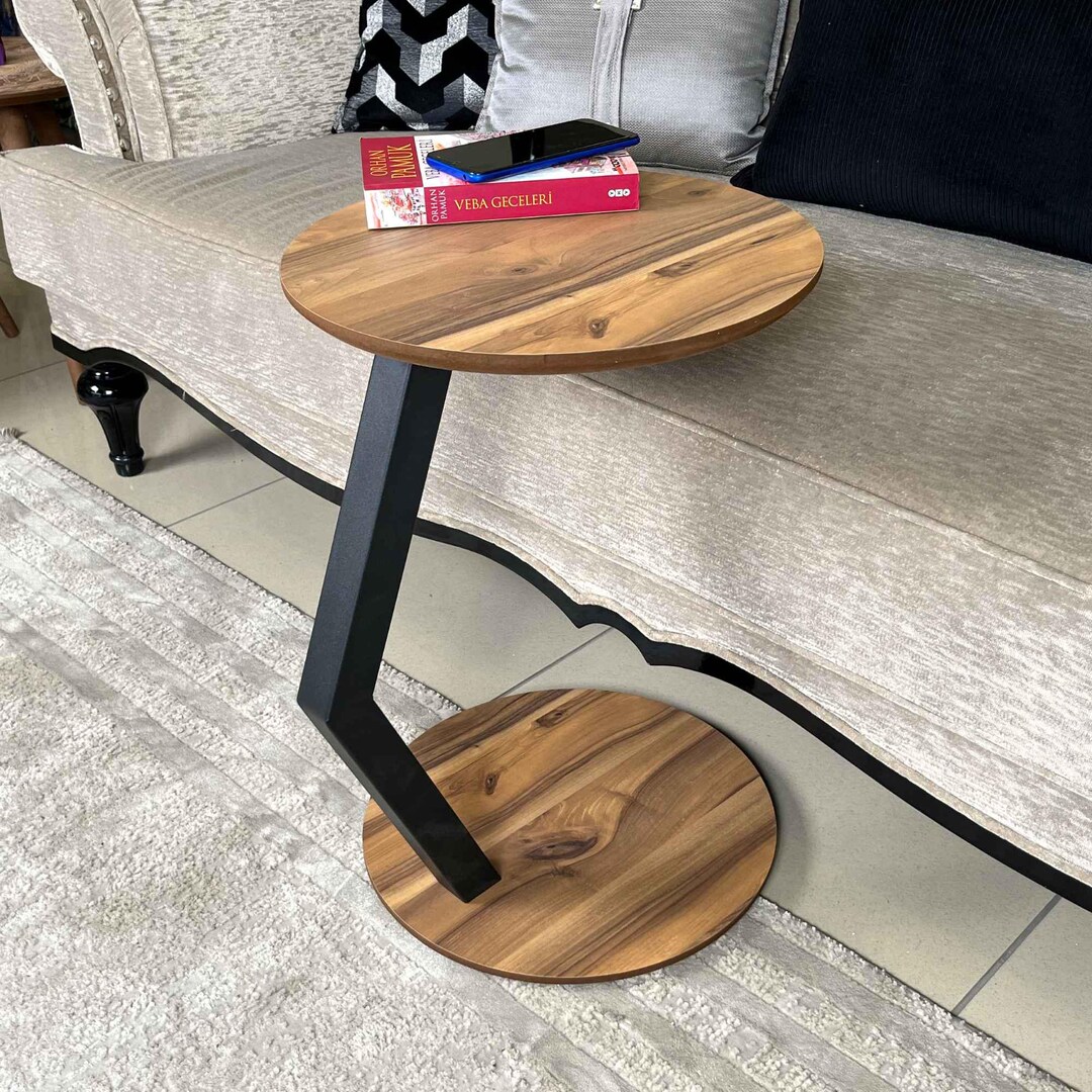 Round C Shape Sofa Side Table – Walnut Couch Table, Laptop Snack C ...