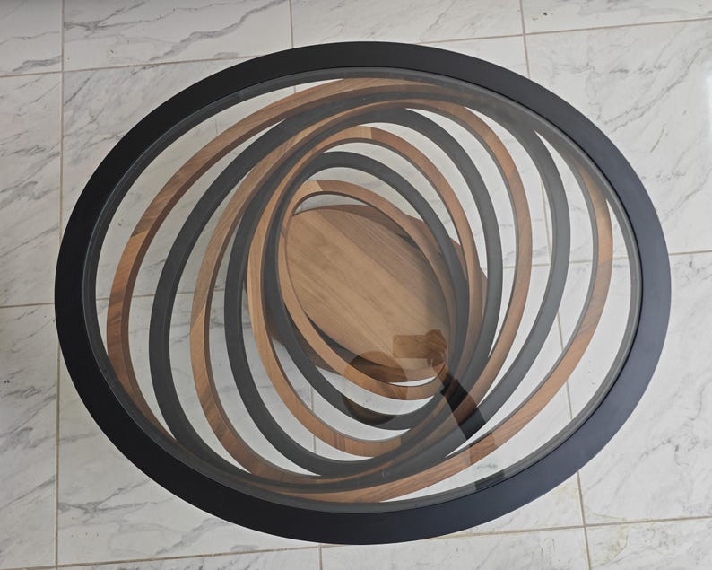 Walnut & Black Oval Coffee Table: Glass Top, Elegant Natural Handmade ...