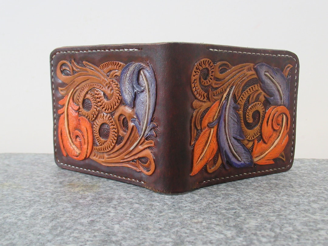 Handmade Leather Tooled Bifold Feather Wallet - Etsy