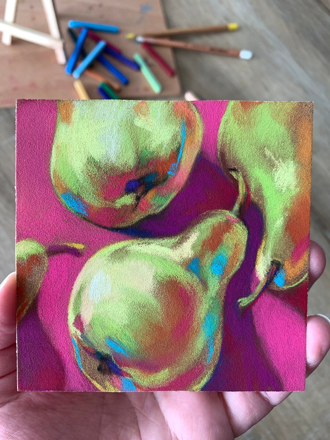 Mini Pastel Painting Pears on Pink, Mini Painting, Original Pastel ...