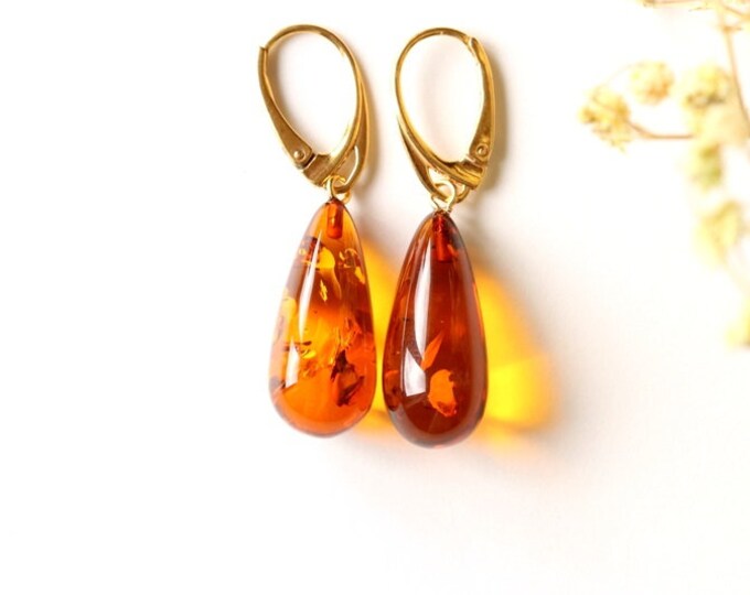 Massive Amber Earrings Cognac Color Teardrop Amber Earrings Natural ...