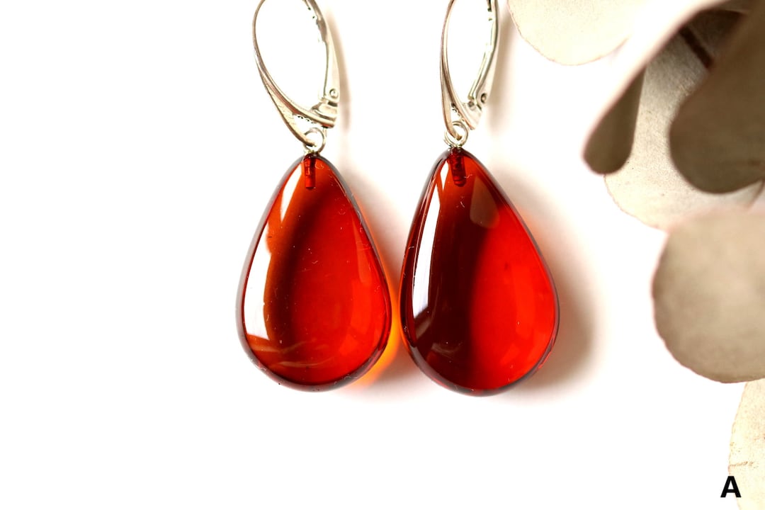 Dark Red Color Baltic Amber Drop Earrings, Amber Silver Jewelry ...