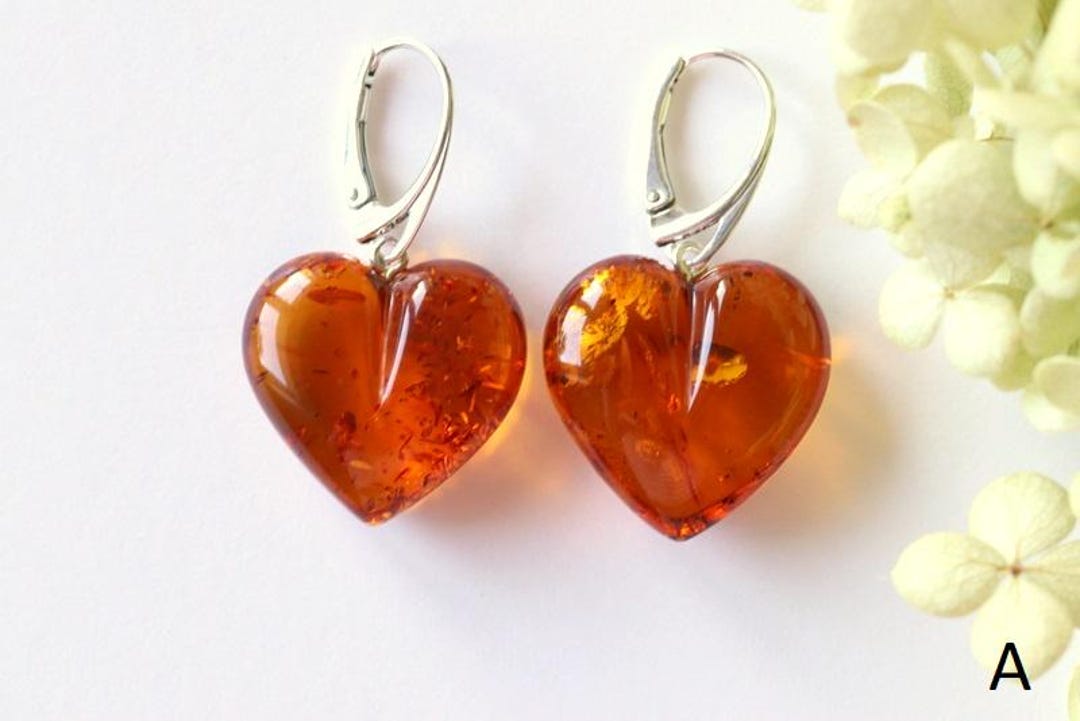 Heart Shape Orange Amber Earrings, Love Amber Earrings, Gemstone Heart ...