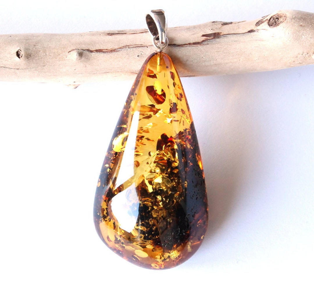 Drop Shape Amber Pendant, Amber Jewelry With Silver, Cognac Color ...