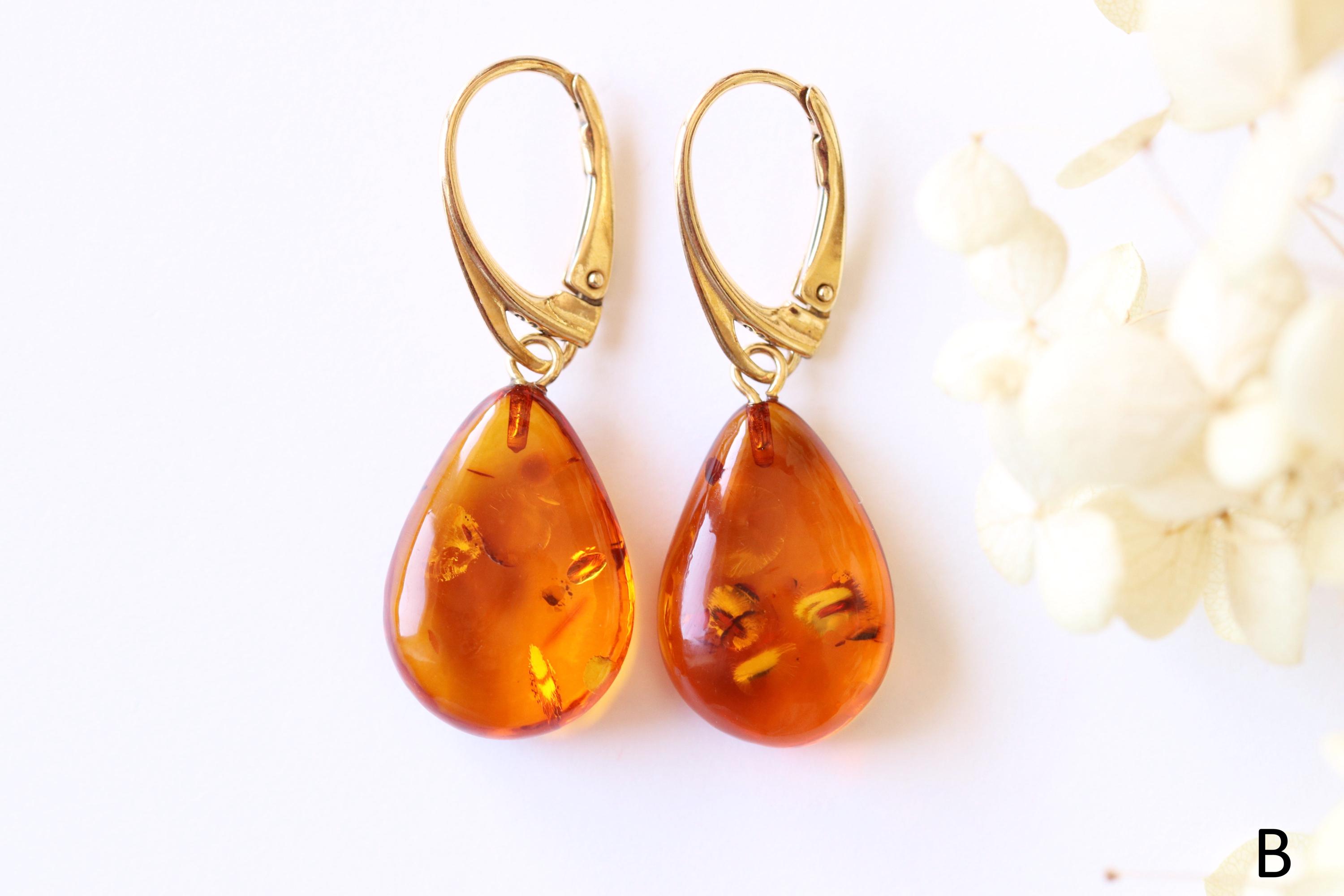 Gold Color Amber Earrings, Teardrop Amber Earrings, Natural Baltic ...