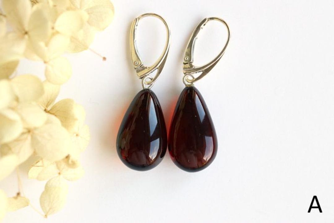 Dark Red Color Baltic Amber Drop Earrings, Amber Silver Jewelry ...