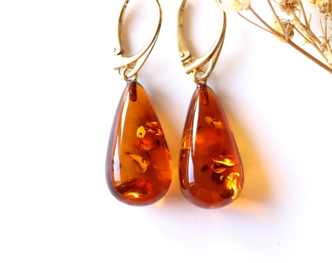 Massive Amber Earrings Cognac Color Teardrop Amber Earrings Natural ...