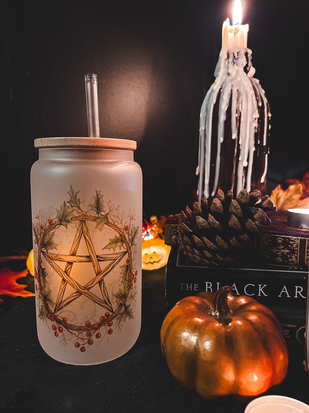 Witchy Christmas Pentacle Glass Can With Bamboo Lid and Straw - 18oz - Etsy