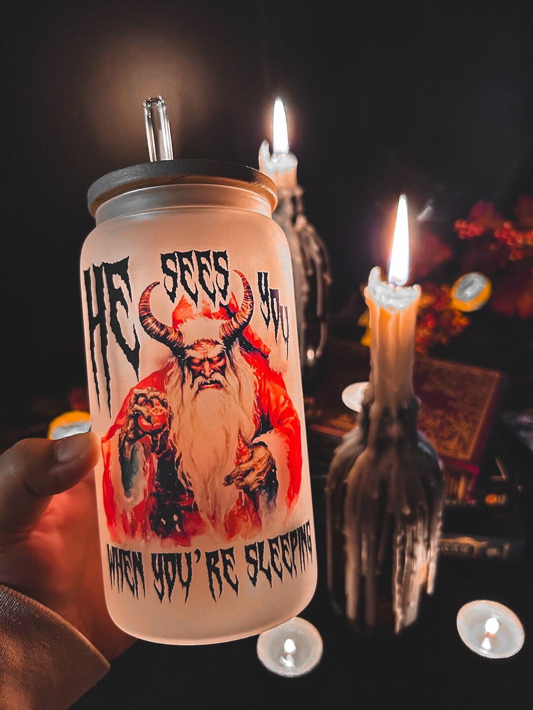 Krampus Christmas Coffee Cup - Pagan Yuletide Glass Can - 18oz With ...