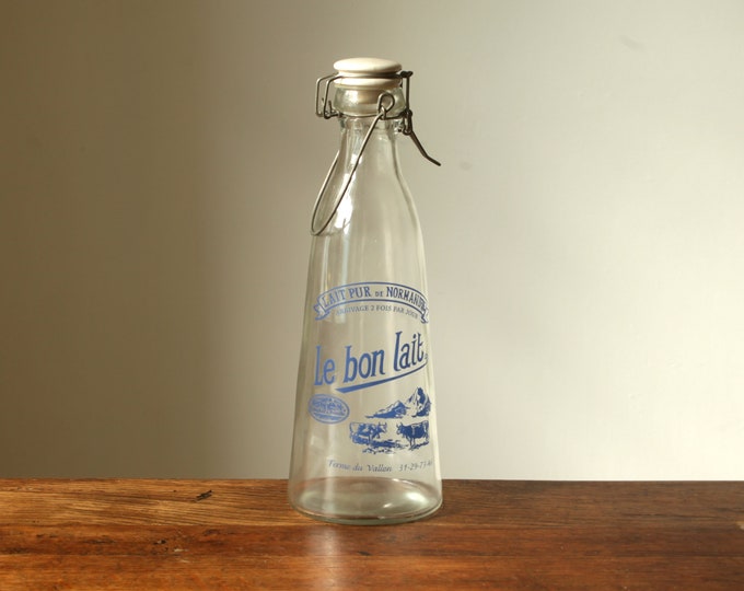 Vintage French Le Bon Lait Normandie Glass Milk Bottle With Porcelain ...