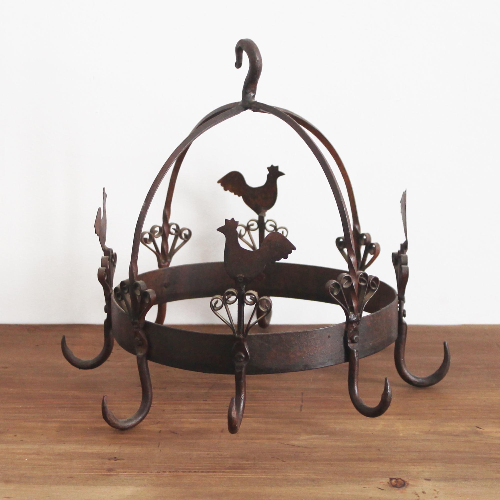 Vintage French Pot Pan Wrought Iron Metal Kitchen Hanger Rack Utensil ...