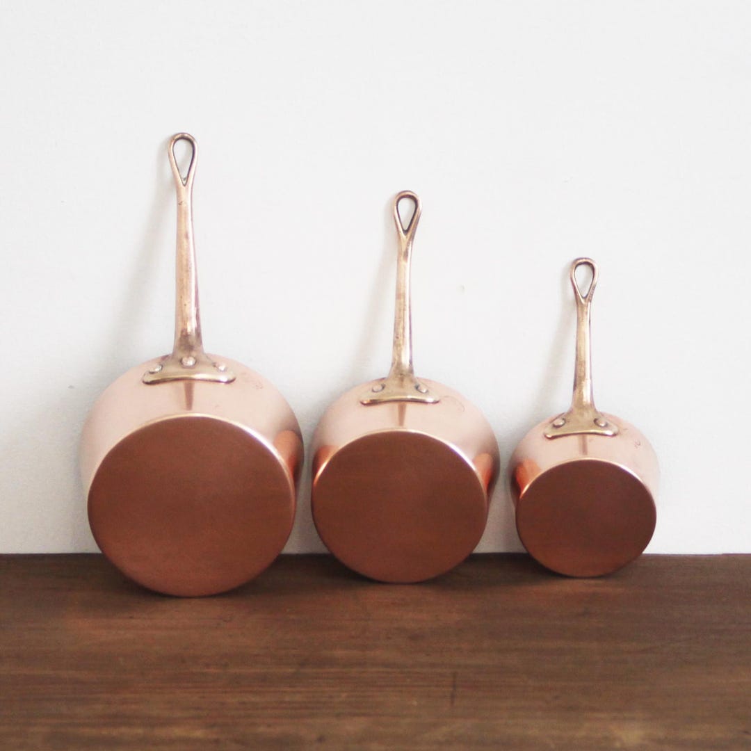 Vintage French Copper Pots Pans Saucepans With Brass Handles Small Set ...