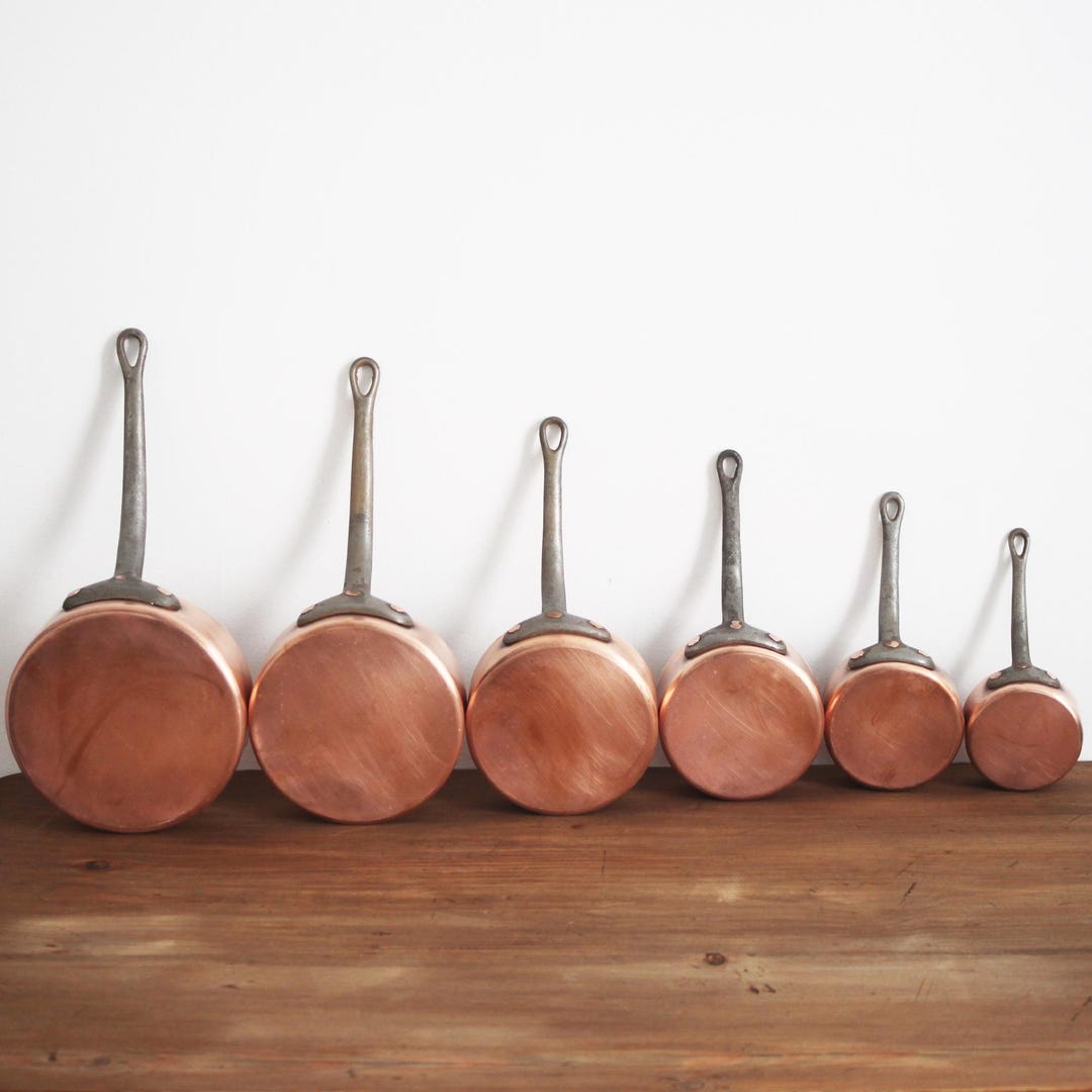 Vintage French Copper Pans Frying Skillets With Cast Iron Handles Set ...