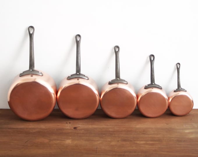 Vintage French Copper Pots Pans Saucepans With Cast Iron Handles Set of ...