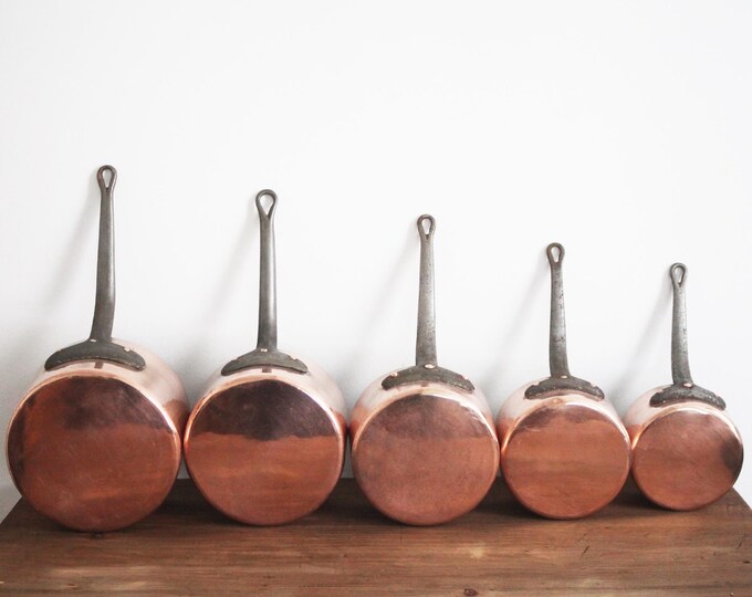Vintage French Antique Copper Pots Pans Saucepans With Iron Handles ...