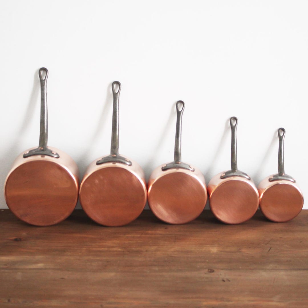 Vintage French Copper Pots Pans Saucepans With Cast Iron Handles Set of ...