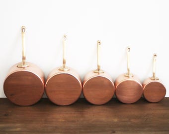Vintage French Copper Pots Pans Saucepans With Brass Handles Set of 5 ...