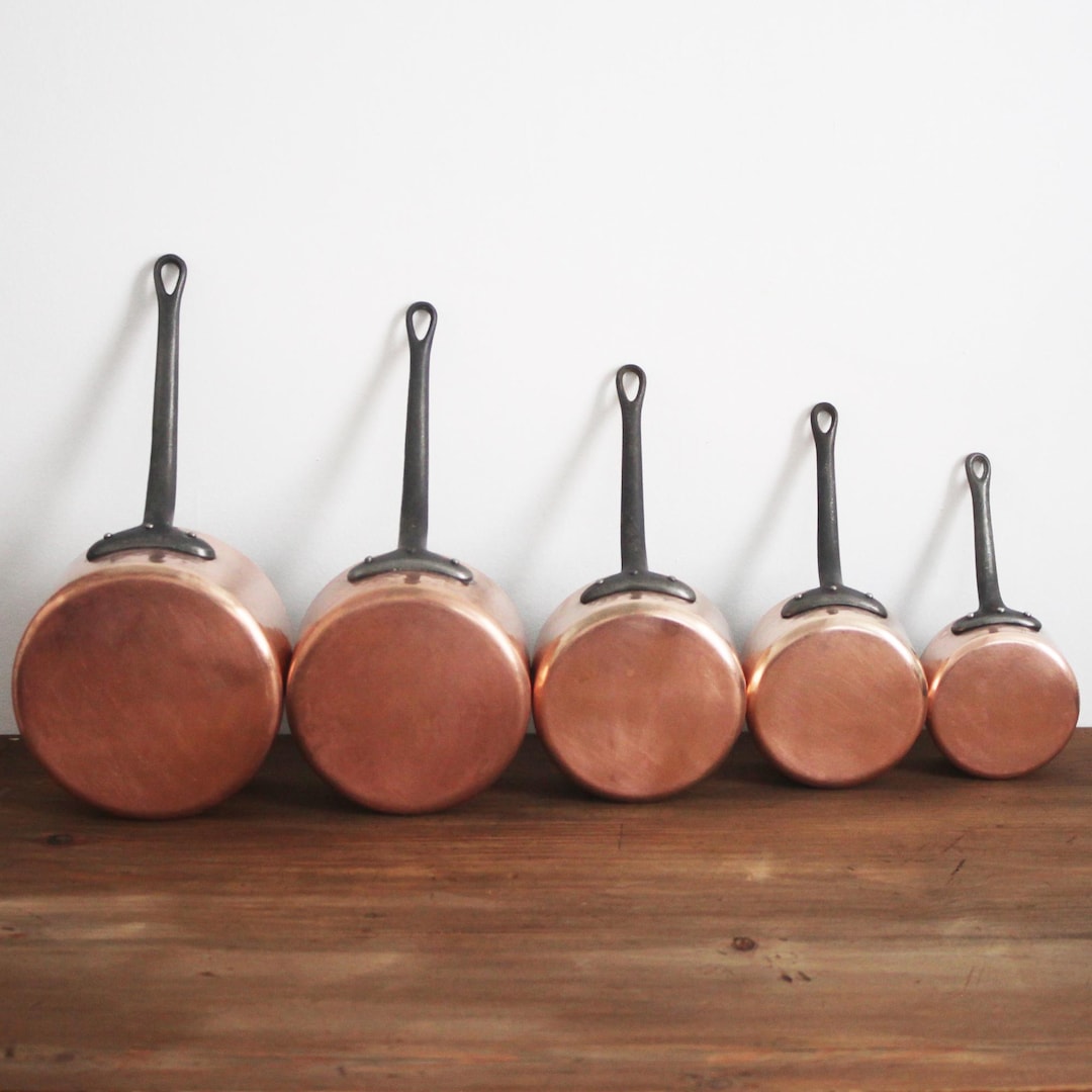 Vintage French Copper Pots Pans Saucepans With Cast Iron Handles Set of ...