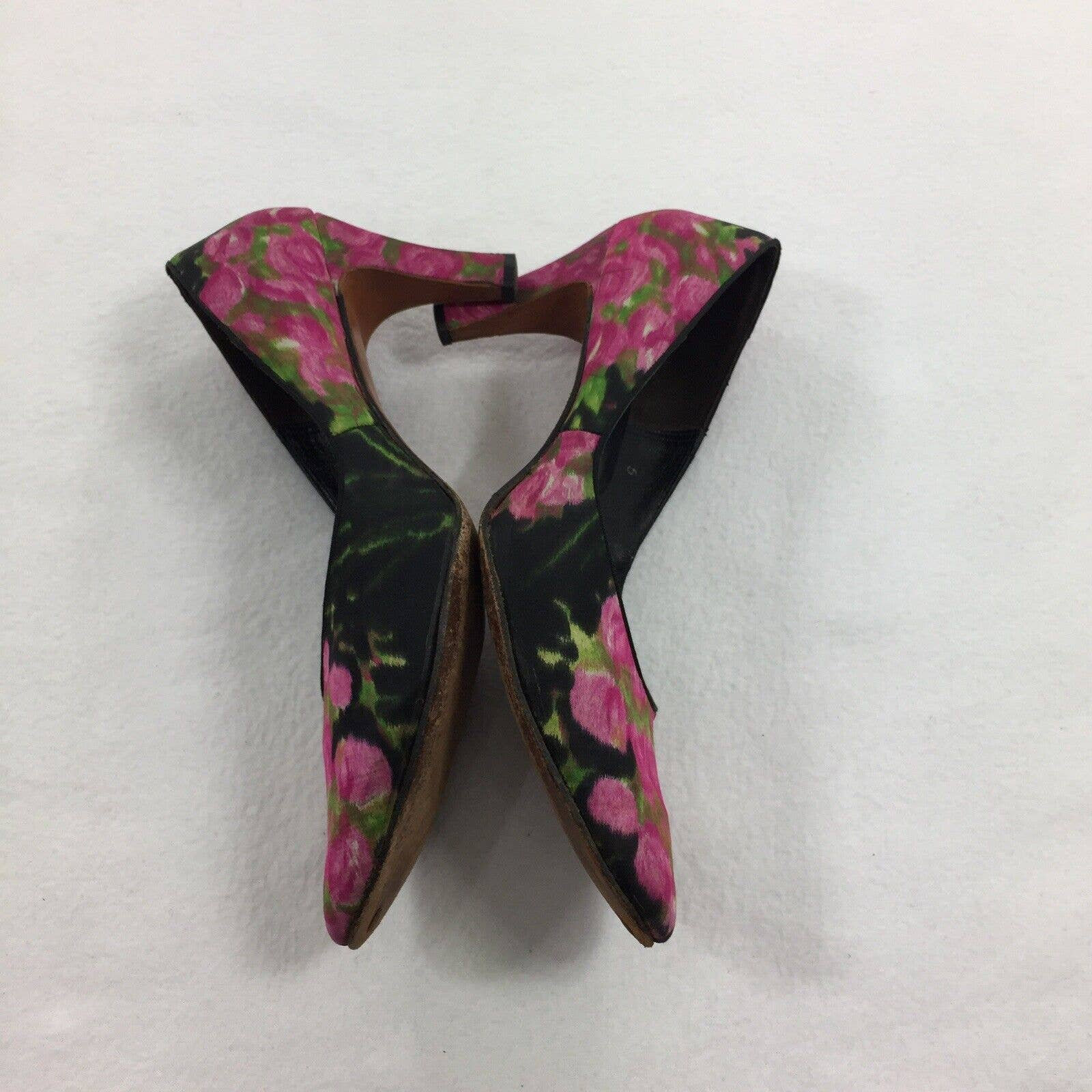 Vintage 1950s Schiaparelli Watercolor Floral Print Pumps 9 N Black Pink ...