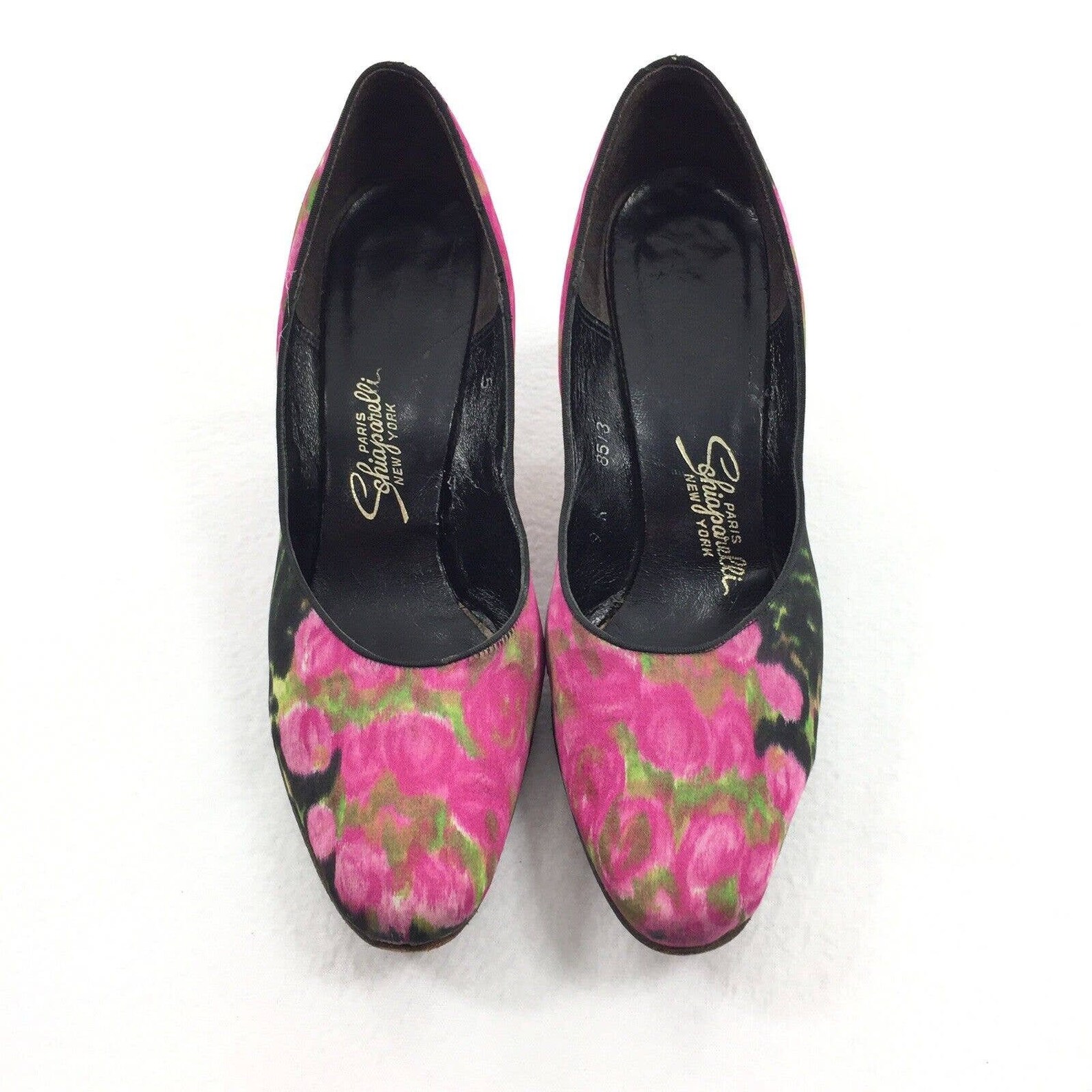 Vintage 1950s Schiaparelli Watercolor Floral Print Pumps 9 N Black Pink ...