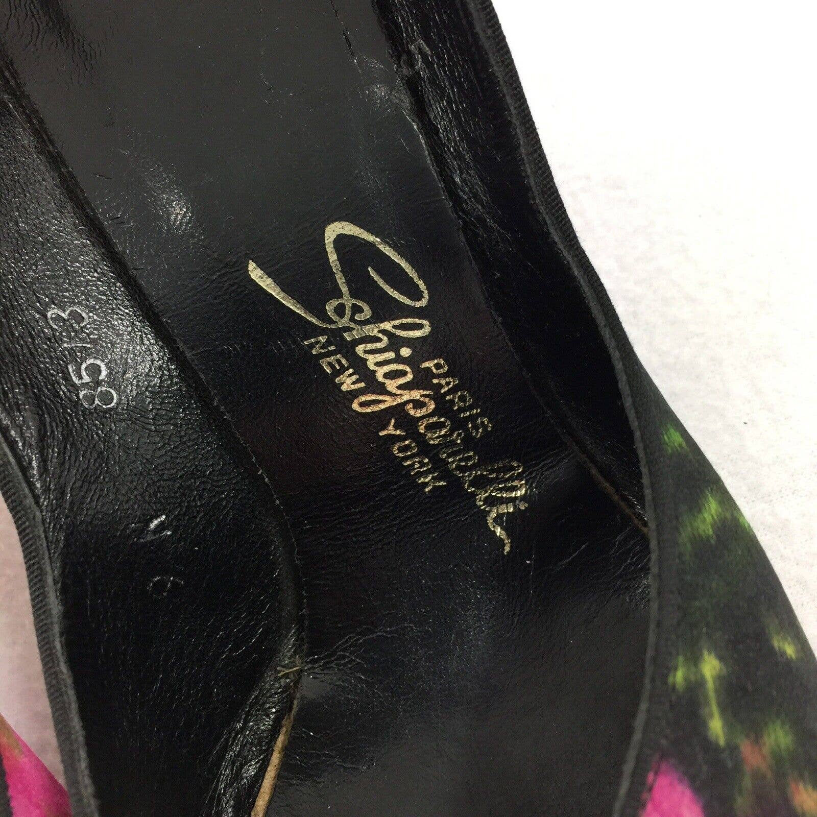Vintage 1950s Schiaparelli Watercolor Floral Print Pumps 9 N Black Pink ...