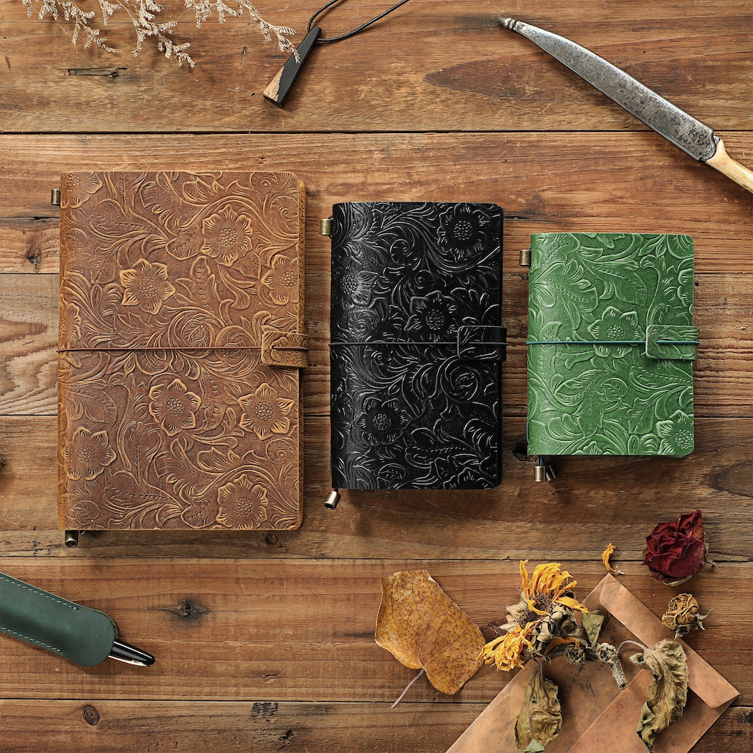 Embossed Flower Leather Travel Journal | Handmade Leather Refillable ...