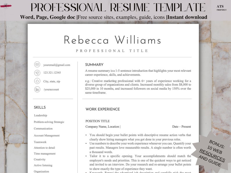Professional Resume Template Word Google Docs Resume Template - Etsy