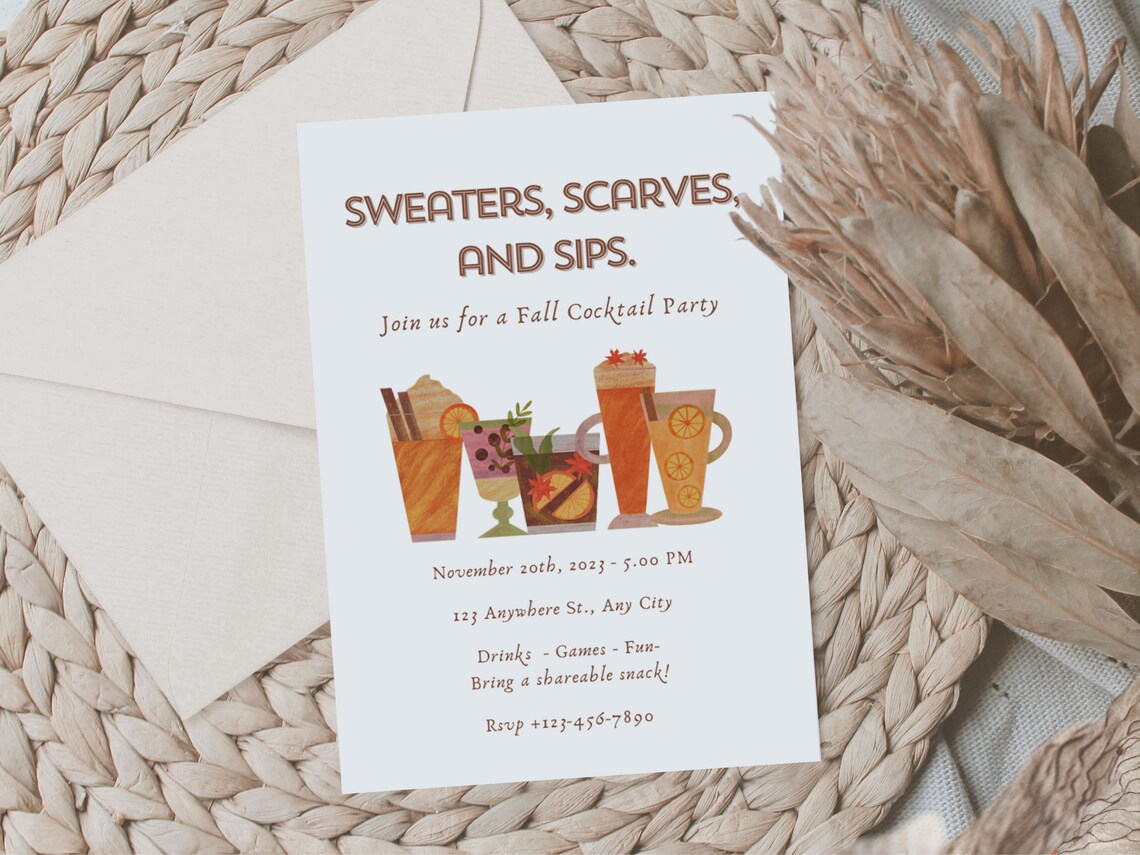 Fall Cocktail Party Invitation Template - Sweaters, Scarves, and Sips ...