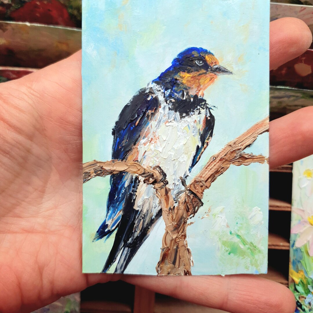 Swallow Painting Original Bird on Tree Portrait ACEO Size Handmade ...