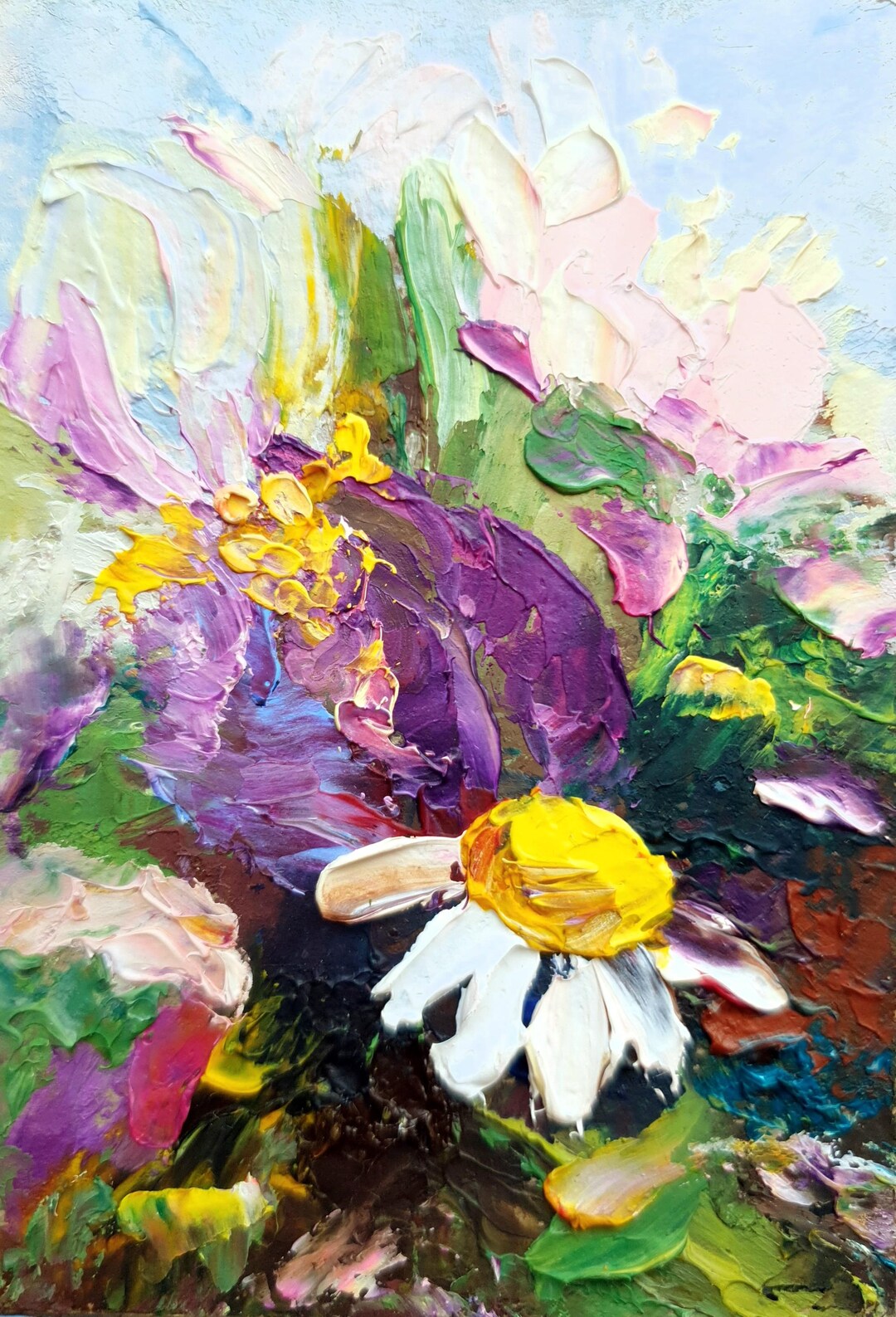 Iris Peony Daisy Painting Textured Impasto Oil Painting of Blooming ...