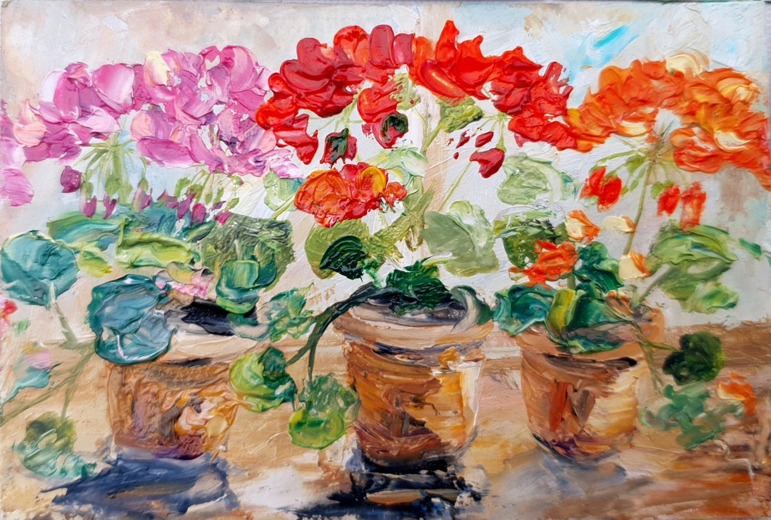 Geranium Painting Original Pelargonium Red Flower ACEO Size Small ...