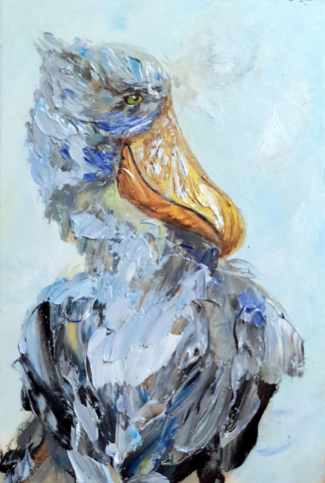 Shoebill Stork Painting Original, Smal Portrait of Gray Bird, Bird ...