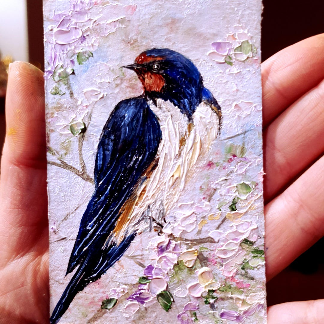 Swallow Painting Original Bird on Tree Portrait ACEO Size Handmade ...