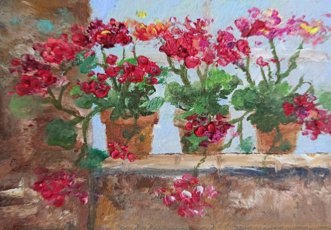 Geranium Painting Original Pelargonium Red Flower ACEO Size Small ...