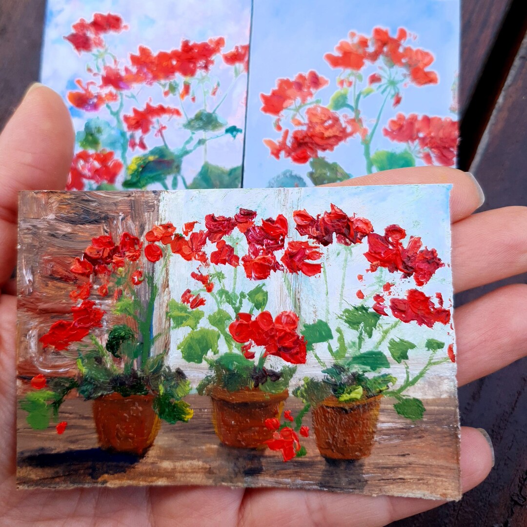 Geranium Painting Original Pelargonium Red Flower ACEO Size Small ...