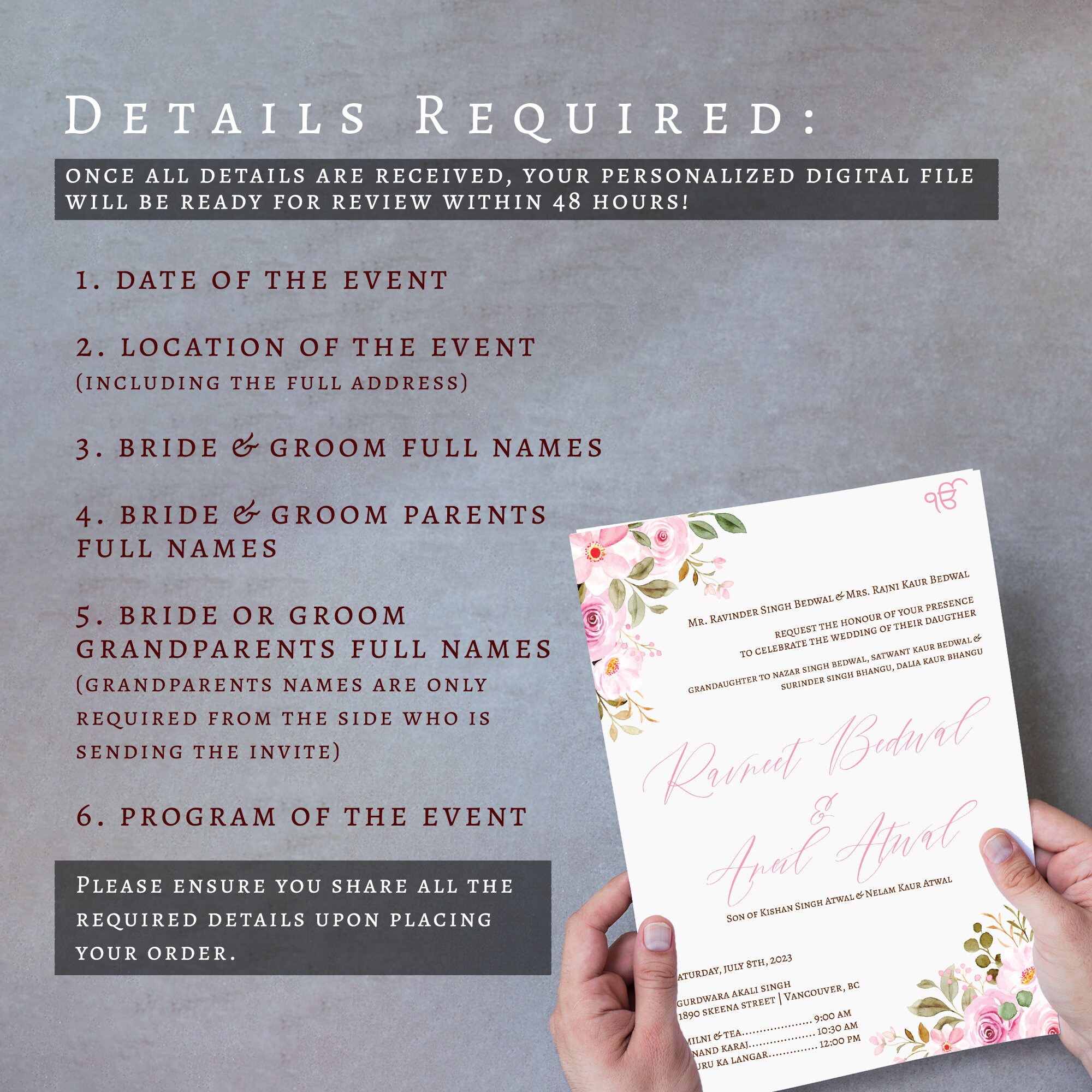 Sikh Wedding Invitation Physical Invite 3.5 X 5 Pre-wedding Insert ...