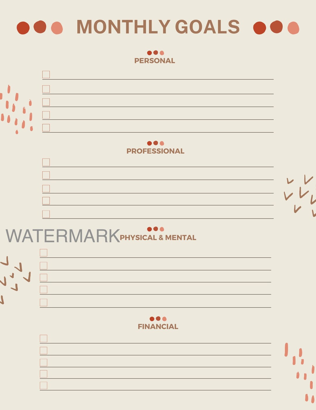 Downloadable & Printable Monthly Goals Template - Etsy