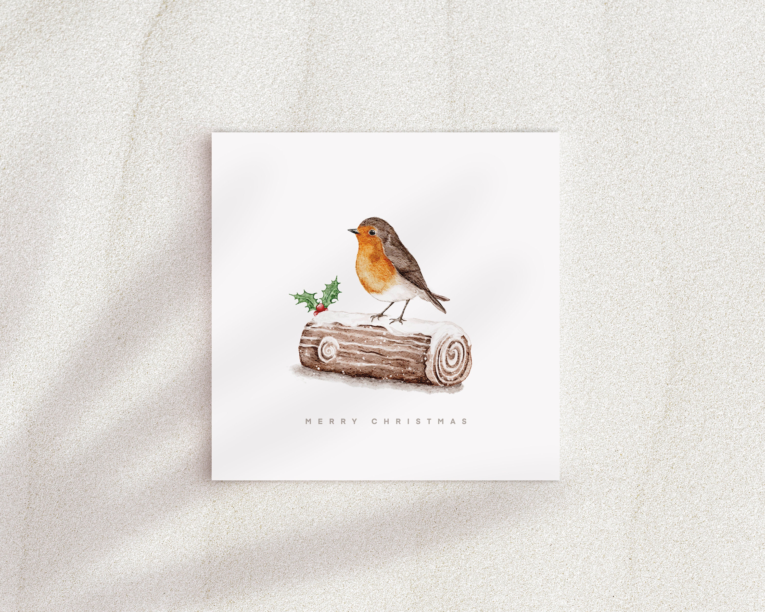 The Yule Log Robin Christmas Card Modern Simplistic Illustration Square ...