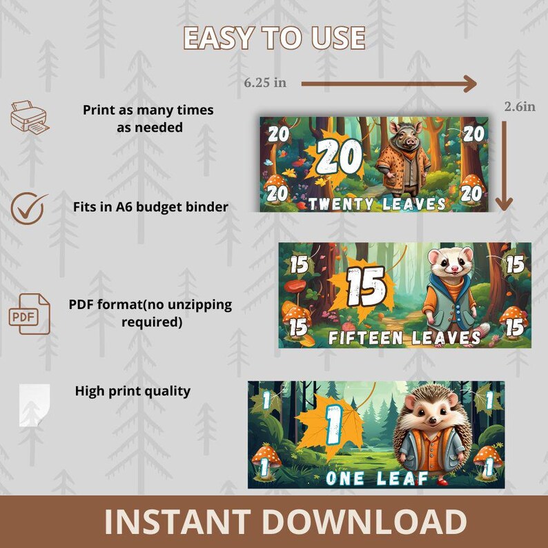 Forest Dollar Bill Placeholders for Cash Stuffing, Printable Budget ...