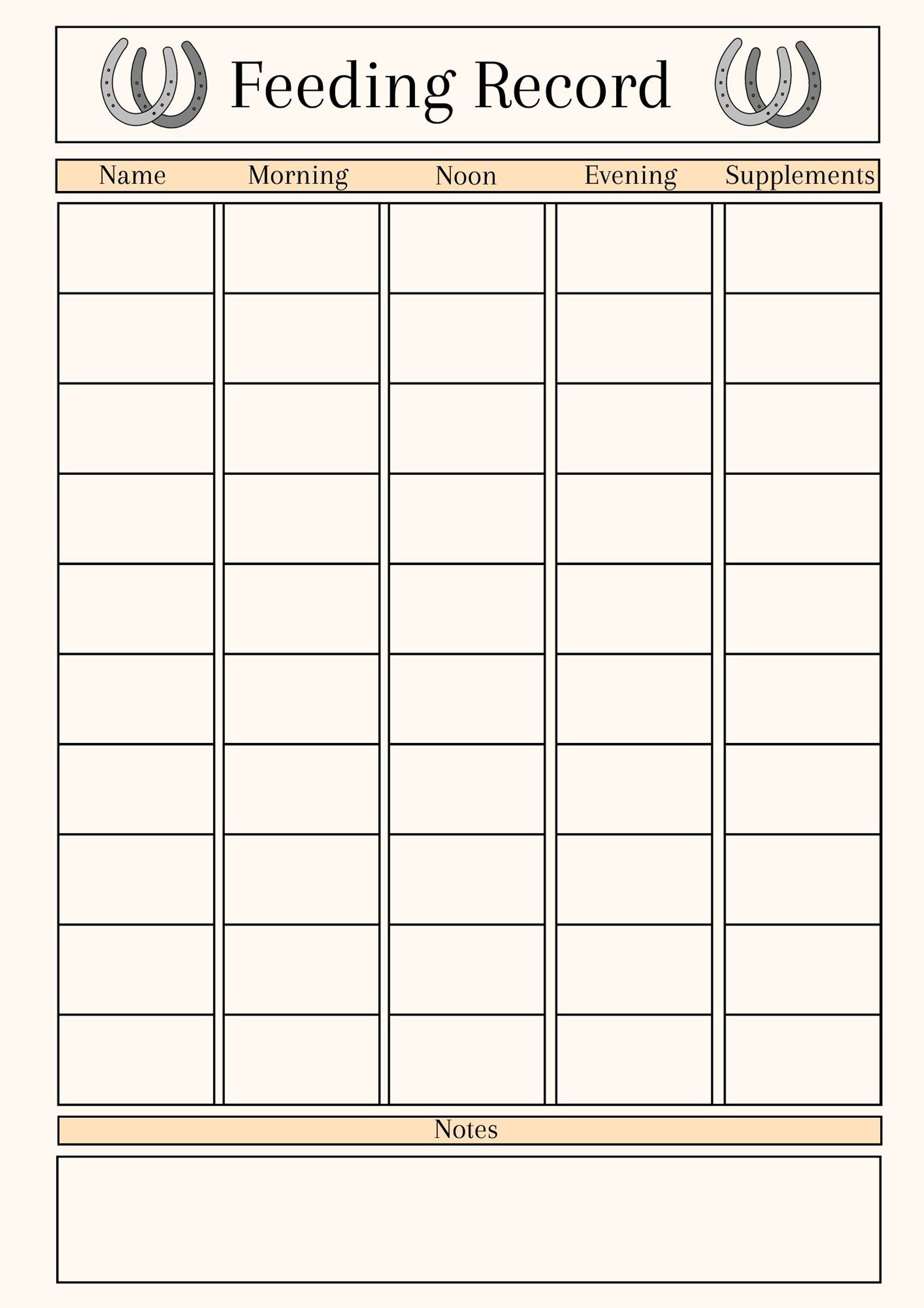 Printable Horse Feeding Record- Feed Organizer - Stable Organizer ...